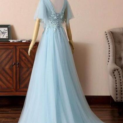 Deep V Neck Open Back Light Blue Long Prom Dresses on Luulla