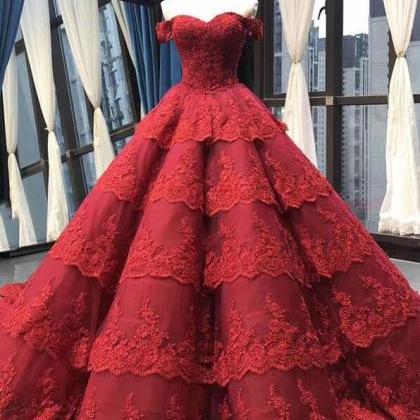 Off Shoulder Wine Red Ball Gown Wedding Dress With Lace Applique on Luulla