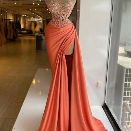 Elegant Orange Evening Dress, Formal Dress Lace Applique Evening Dress ...
