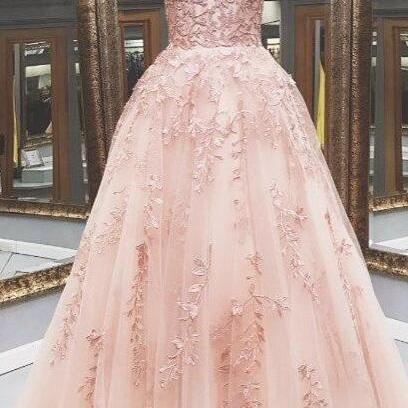 A Line Tulle Pink Lace Prom Dresses, 2023 Prom Dress on Luulla