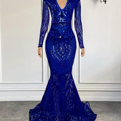 Sexy Mermaid Royal Blue Long Sleeves Sequin Prom Dresses on Luulla