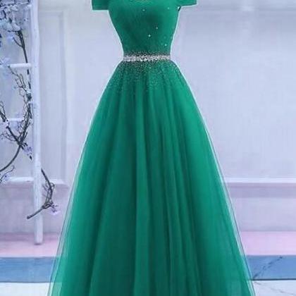 Off Shoulder Beaded Green Tulle Prom Dress on Luulla