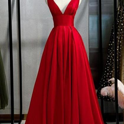 A Line Red V Neck Satin Long Prom Dress on Luulla