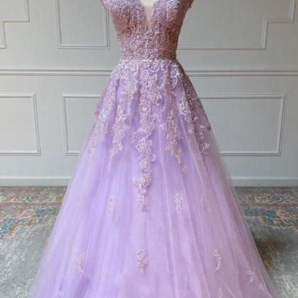 A Line V Neck Tulle Lace Long Purple Lace Formal Dress on Luulla