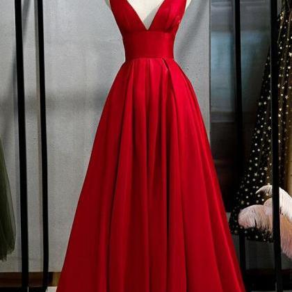 Simple Red V Neck Satin Long Evening Dress on Luulla
