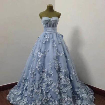 A Line Blue Tulle Applique Long Prom Dresses on Luulla