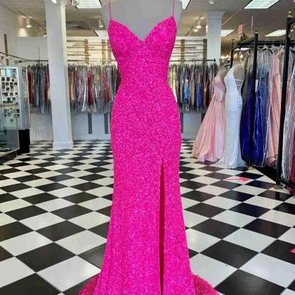 Pink Straps Sequin Prom Dress With Slit on Luulla