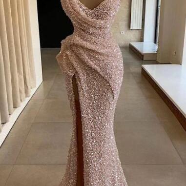 Sparkly One Shoulder Sequin Pink Prom Dresses With Split on Luulla