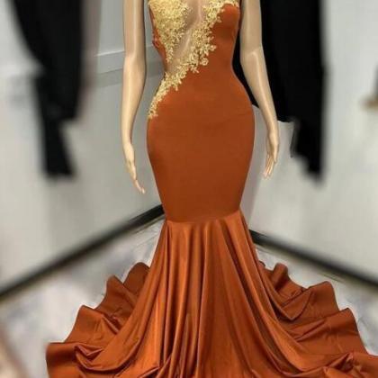 Mermaid Brown Sleeveless Tulle With Appliques Prom Dress on Luulla