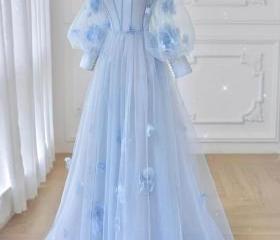 A Line Blue Round Neck Tulle Evening Dress on Luulla