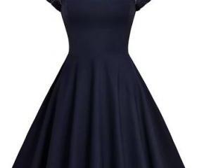 Simple Short Sleeve Navy Blue Cocktail Swing Dress on Luulla