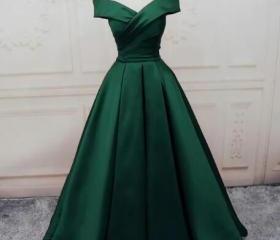 Emerald Green V Neck Off The Shoulder Long Satin Evening Dresses on Luulla