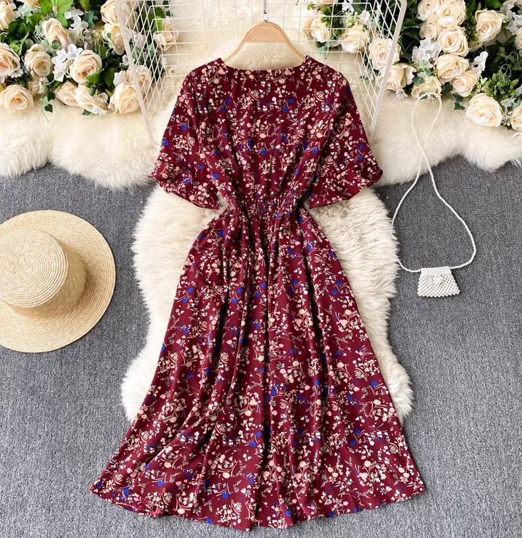 Vintage, Country Style Floral Dress, V Neck, Drawstring Tie, Short ...