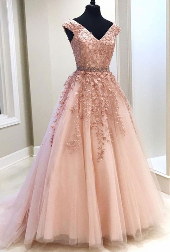 Cap Sleeve Long Beaded Senior Prom Dress With Lace Applique on Luulla