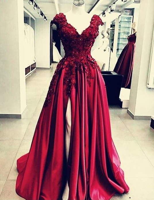 Burgundy Red Split Side Prom Dresses With Lace Appliques on Luulla