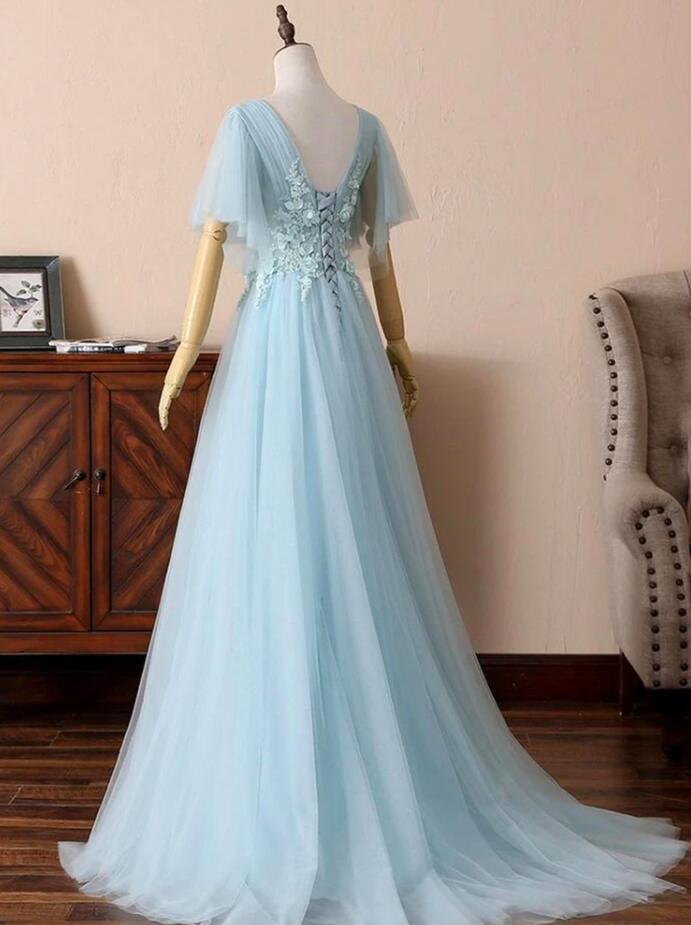 Deep V Neck Open Back Light Blue Long Prom Dresses on Luulla