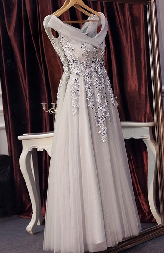 Gray Tulle V Neckline Long Senior Prom Dress on Luulla