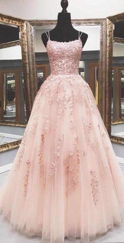 A Line Long Pink Lace Prom Dresses on Luulla