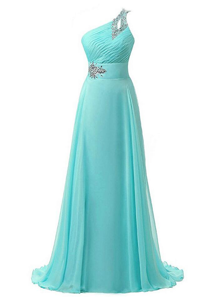 One Shoulder Chiffon Pleats Crystal Prom Dress on Luulla