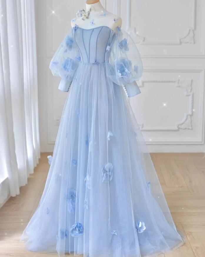 A Line Blue Round Neck Tulle Evening Dress on Luulla