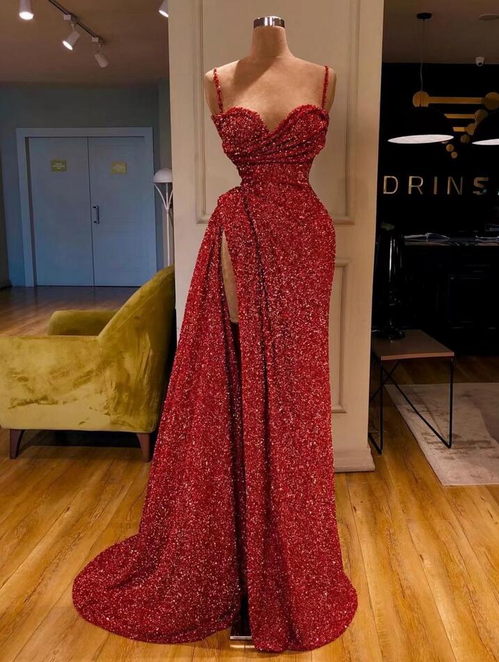 Sparkly Straps Sweetheart Wine Red Sequin Prom Evening Dresses on Luulla