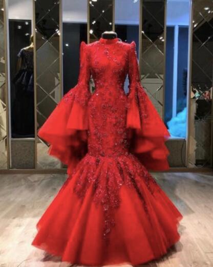 A Line High Neck Red Lace Prom Dress With Long Sleeves on Luulla