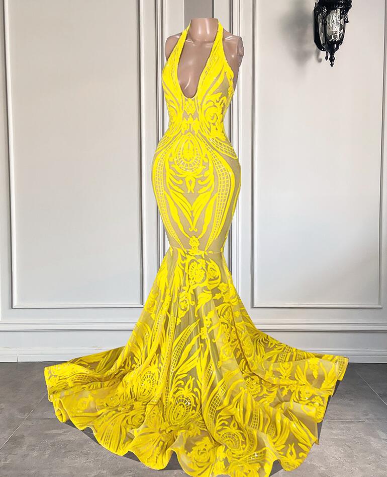 A Line Halter Yellow Sequin Prom Dresses V Neck Evening Dresses on Luulla