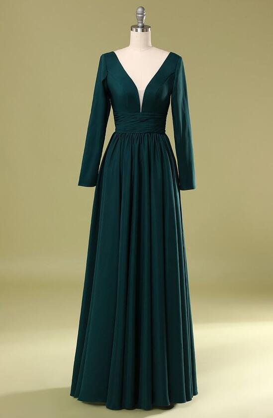 Simple Dark Green V Neck Satin Long Prom Dress On Luulla