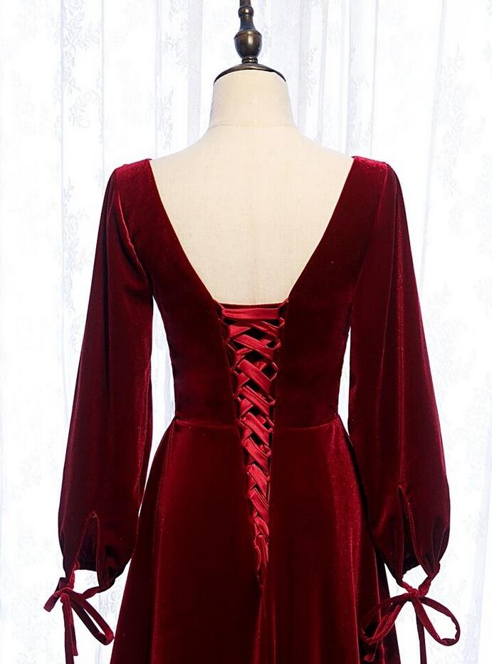 A-line Dark Red Velvet Long Sleeves Prom Dress on Luulla