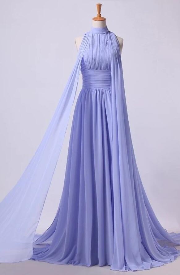 High Neck Pleated Bodice A-line Chiffon Prom Dresses on Luulla