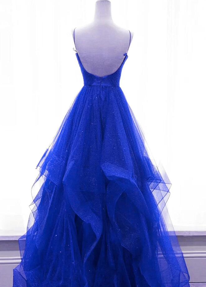 Spaghetti Straps Royal Blue Shiny Tulle V-neckline Long Party Dress on ...