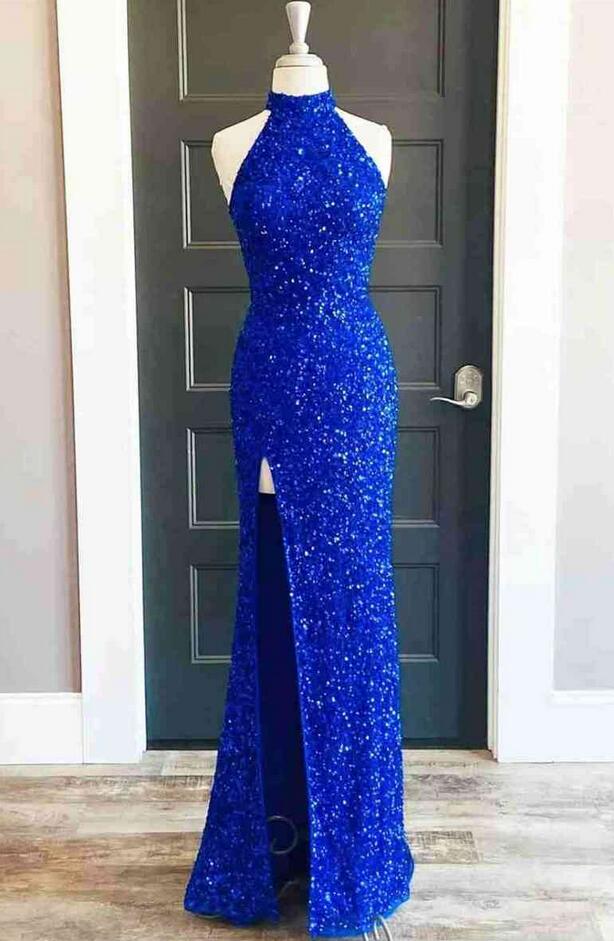 High Neck Royal Blue Long Party Dress With Slit on Luulla