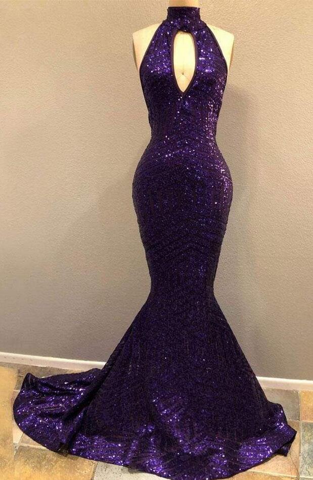 Halter Front Slit Backless Purple Sequin Prom Dress on Luulla