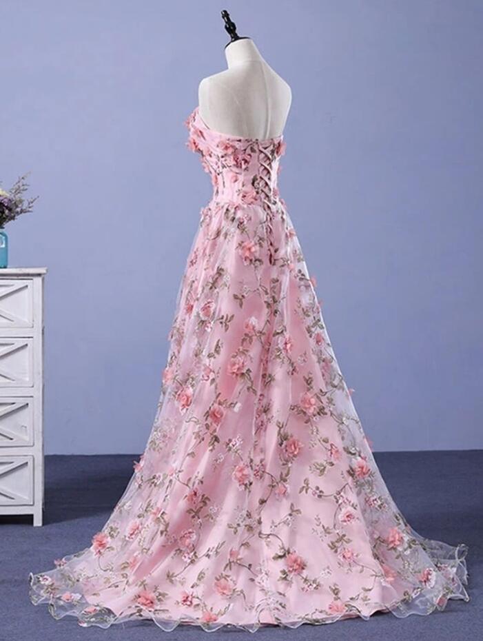 Strapless Open Back 3d Flowers Pink Prom Dresses on Luulla