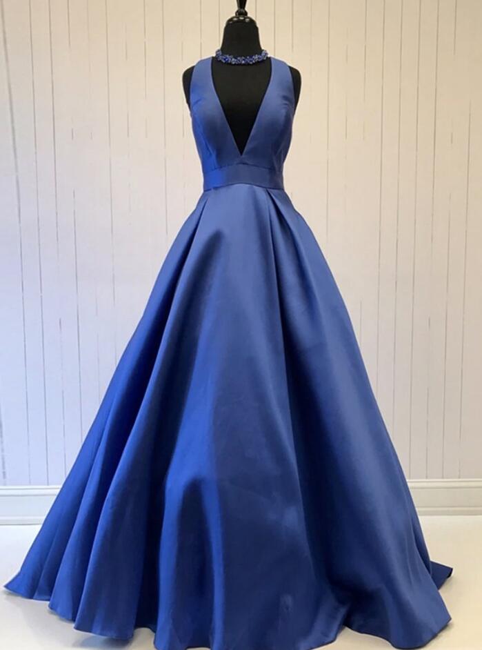 Floor Length Deep V Neck Blue Satin Prom Dresses on Luulla