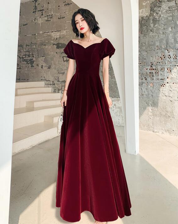 A-line Velvet Long Dark Red Formal Prom Dresses on Luulla