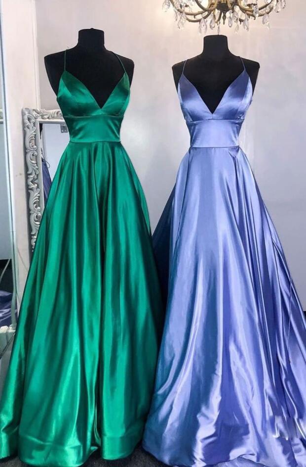 Simple V Neck Satin Long Prom Evening Dress on Luulla