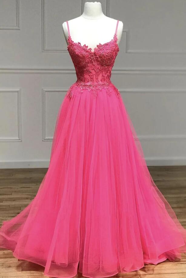 Spaghetti Straps Beaded Pink Lace Prom Dress on Luulla