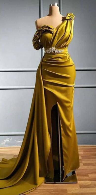 Mermaid Yellow One Shoulder Split Prom Dresses on Luulla