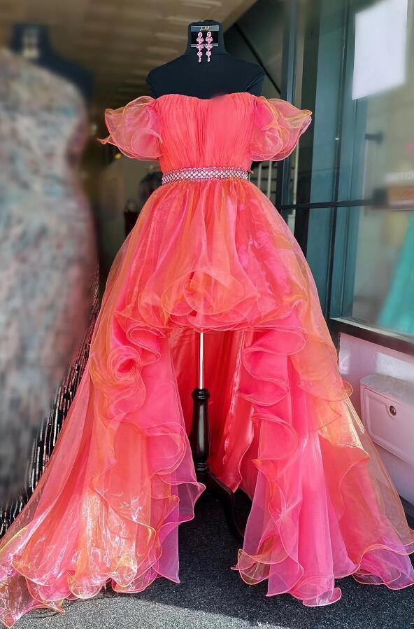 Off-the-shoulder Organza Ruffle Hi-low Prom Dresses With Beading on Luulla