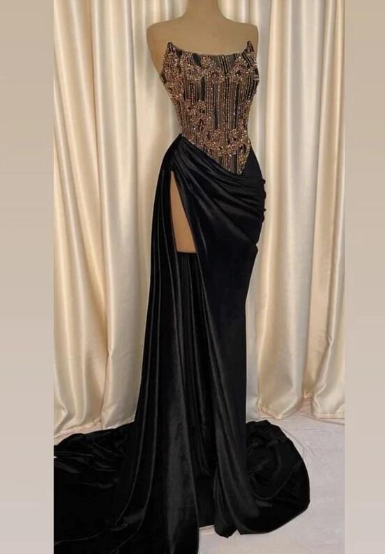 Chic Black Strapless Long Evening Dress With High Split on Luulla