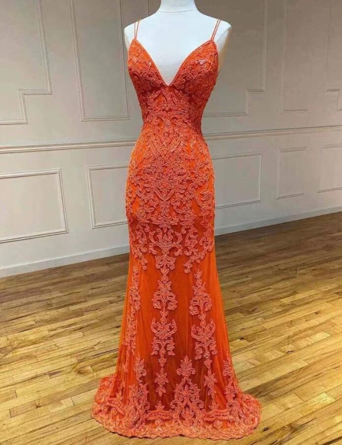 Sheath Orange Long Prom Dresses With Appliqué On Luulla