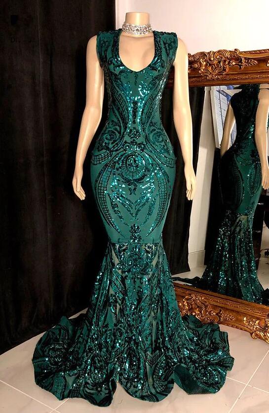 Emerald Green Sequin Sleeveless Prom Dress With Ruffles on Luulla