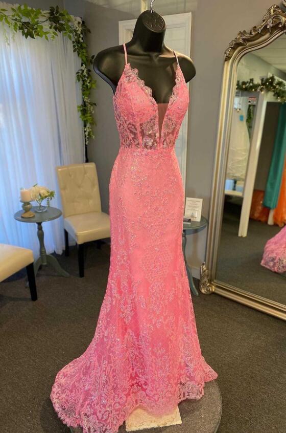 Pink Floral Lace Mermaid Long Formal Dress on Luulla