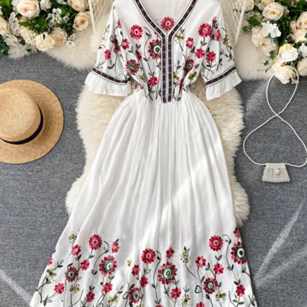 A Line V Neck Embroidery Dress on Luulla