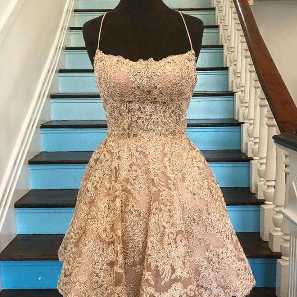 Beauty Champagne Short Prom Dress With Lace on Luulla