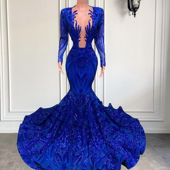 Vintage Royal Blue Mermaid Prom Dresses With Long Sleeve on Luulla