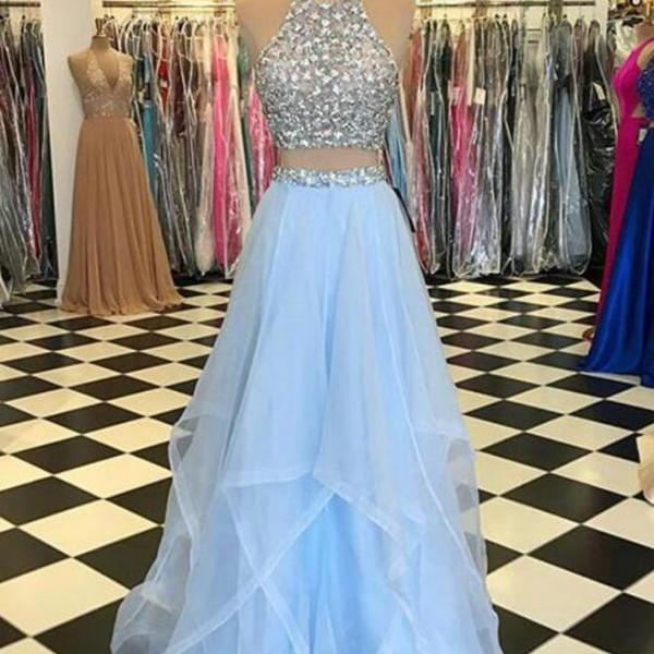 Light Blue Prom Dresses With Pearls Beade Two Piece Prom Dress on Luulla