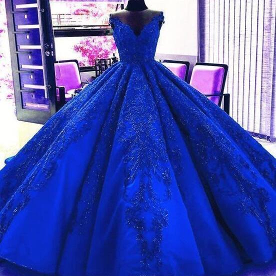 Vintage Royal Blue V Neck Lace Ball Gown Prom Dresses on Luulla