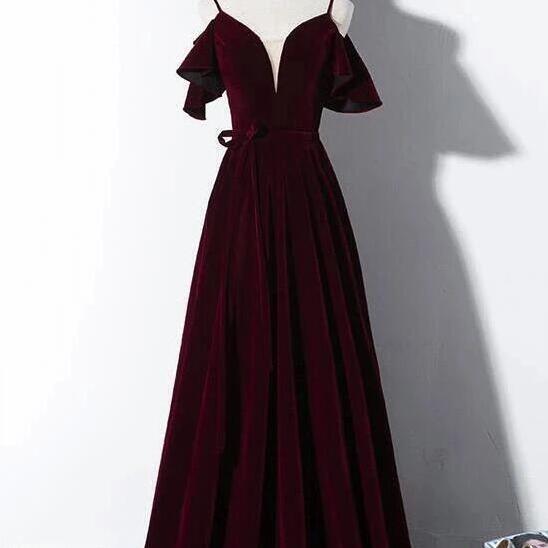Elegant Wine Red Velvet Long Prom Dress With Straps on Luulla